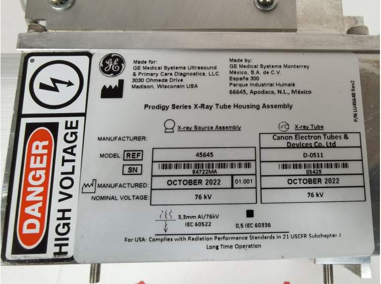 GE Prodigy Series X-Ray Tube YOM 2022 OCTOBER PN 45645 D-0511 8915 for ...